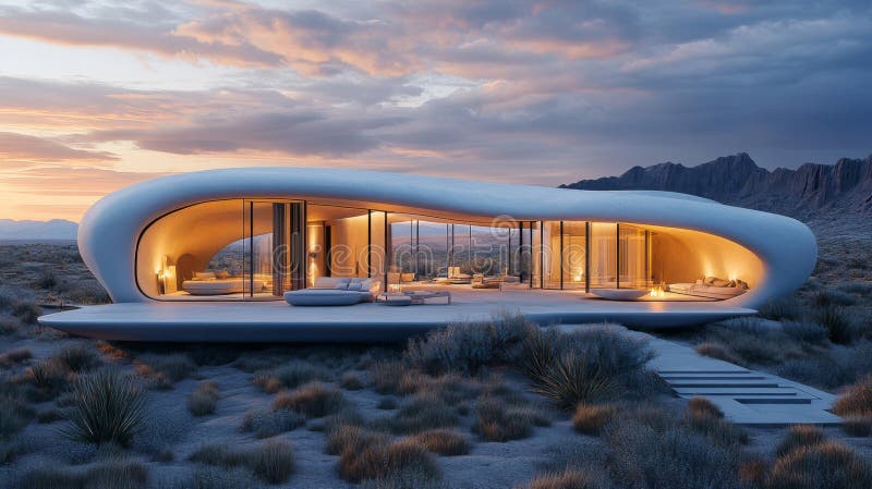 Curvy White Modern Desert House at Sunset Stock Illustration ...