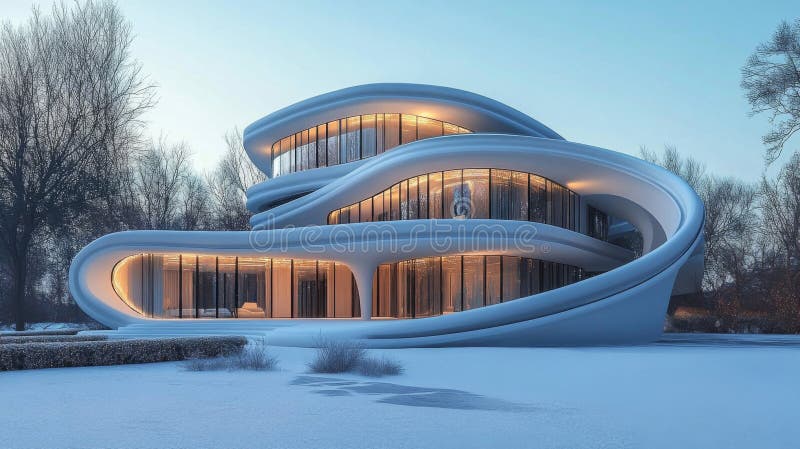 Curvy White Modern House in Snowy Landscape at Night Stock Illustration ...