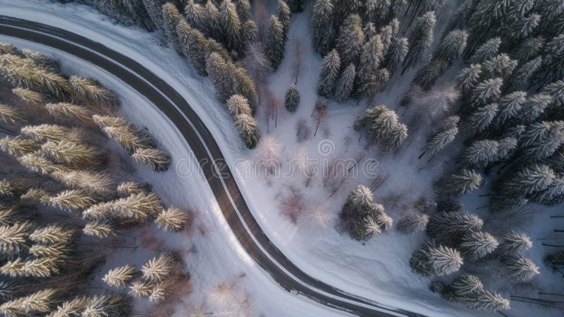 Curvy Windy Road in Snow Covered Forest Top Down Aerial View Stock ...