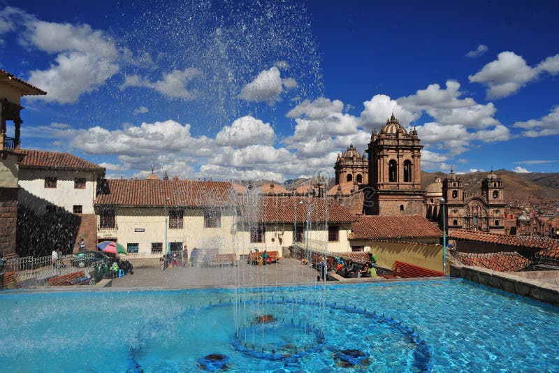 Cusco, Peru Historic Colonial Buildings on Main, with Wather Fountain ...