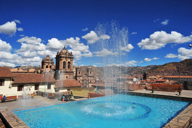 Cusco, Peru Historic Colonial Buildings on Main, with Wather Fountain ...