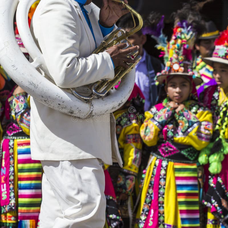 CUSCO - PERU - JUNE 06, 2016 Unknown Musicians of a Brass Band O ...