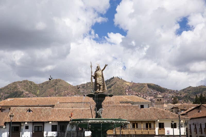 Image of Inka Sculpture in Cusco Main Square. Peruvian City in the ...