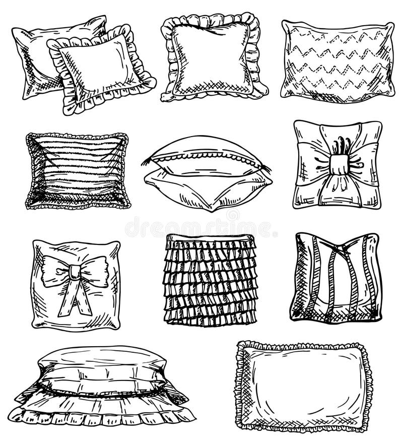 Cushion. Home Bedroom Pillow Sketch. Cozy Hand Drawn Feather Orthopedic ...