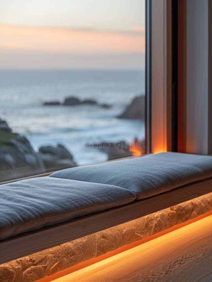 Cushioned Bench by a Large Window Looking Out To an Ocean at Sunset ...