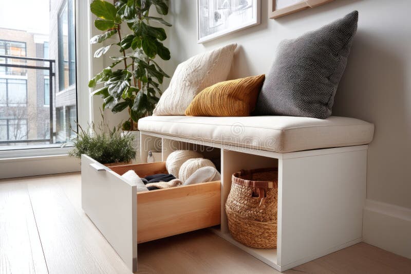 Cushioned Bench with Open Storage Drawer and Cozy Pillows Stock Photo ...