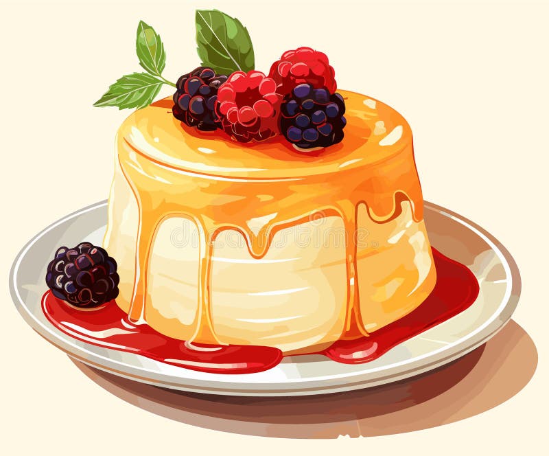 Custard Pudding with Caramel and Raspberry in Watercolor Drawing Style ...
