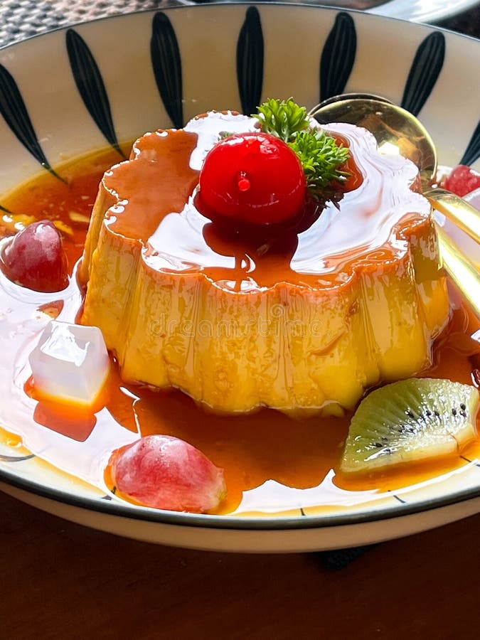 Custard Pudding with Juicy Fruits (Egg Pudding with Caramel Sauce ...