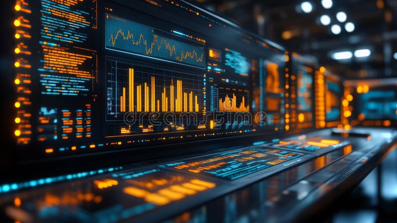 Custom Ai Analyzes Data In Advanced Interface With Vibrant Visualizations And Metrics Stock