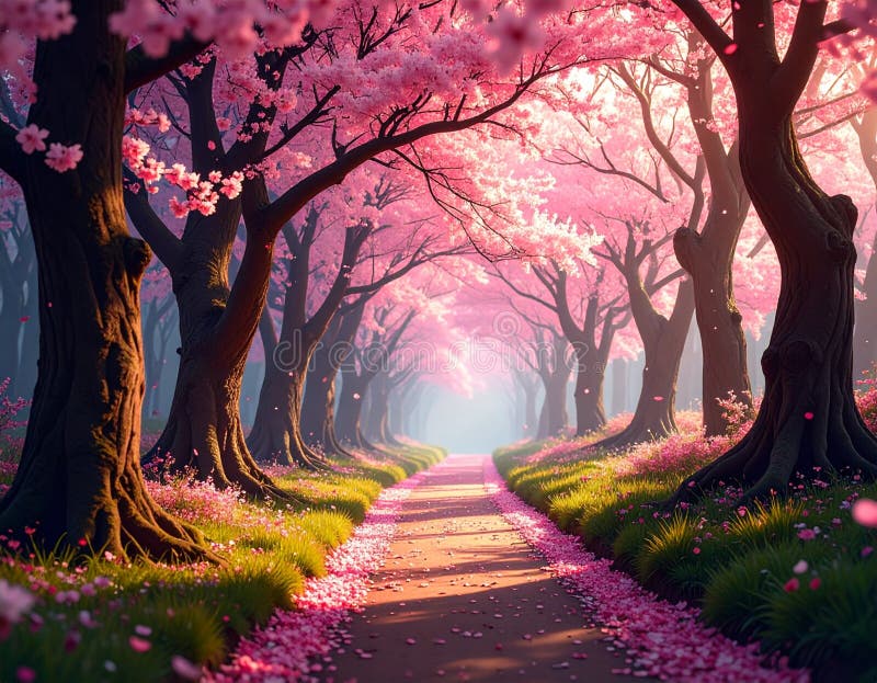 A Path through a Sakura Forest with Petals Falling Gently Stock Photo ...