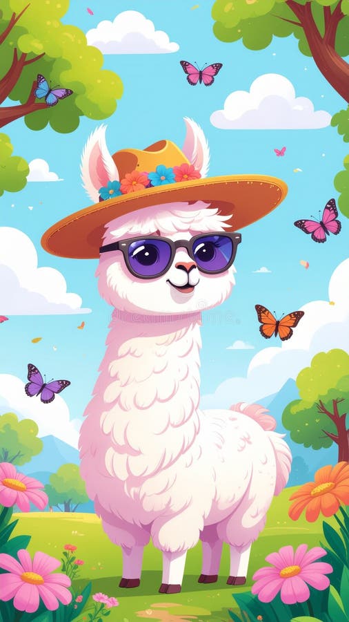 Lama with flowers cartoon stock image. Image of sombrero - 378940391