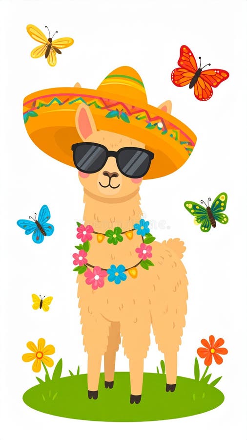 Lama with flowers cartoon stock illustration. Illustration of funny ...