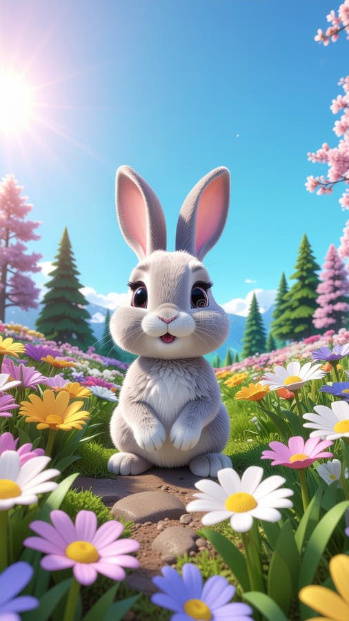 Rabbit in Field with Flowers Cartoon Stock Image - Image of bunny ...