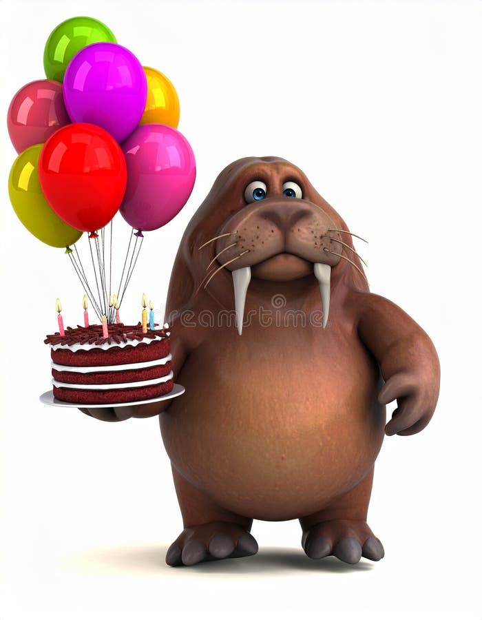 Walrus Birthday Card with Balloons and Cake Stock Illustration ...