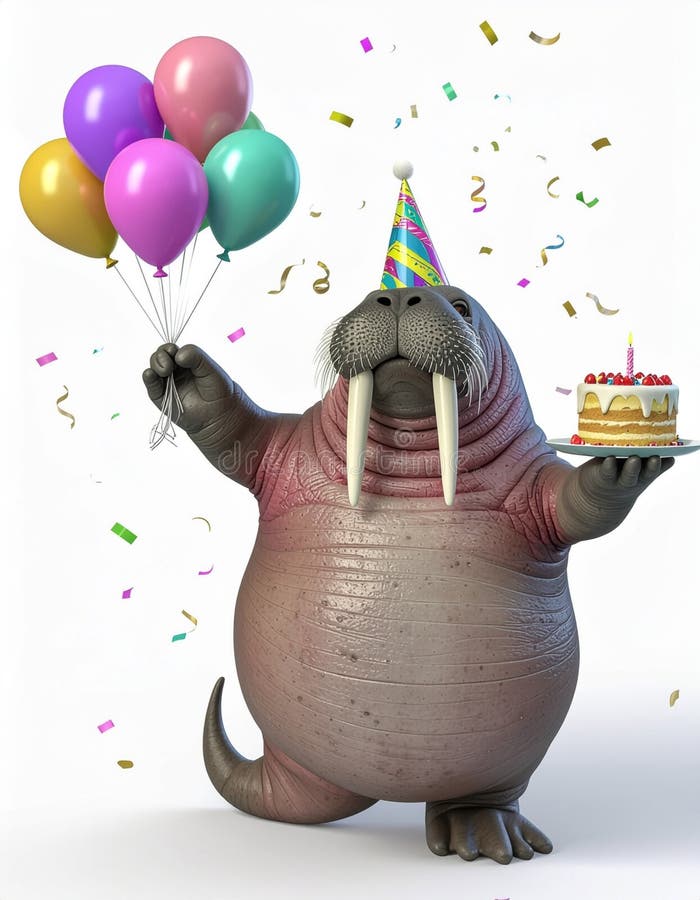 Walrus Birthday Card with Balloons and Cake Stock Photo - Image of ...