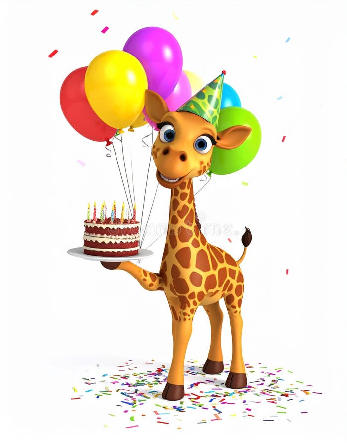 Giraffe Birthday Party with Balloons and Confetti Cartoon Stock ...