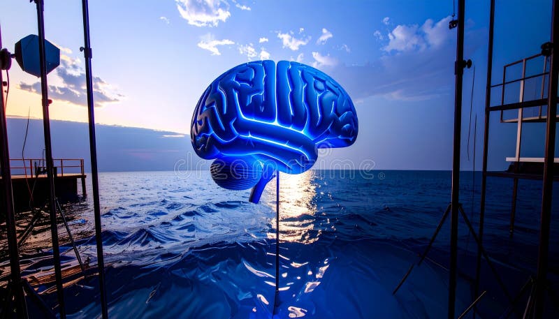 Glowing Brain Floating Over Ocean at Sunset – Surreal AI Concept. Ai ...