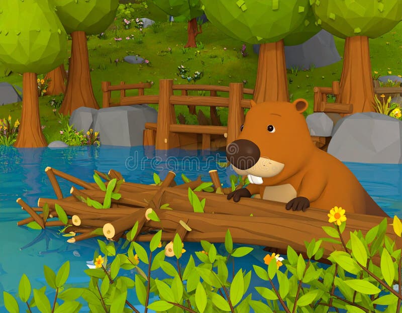 Beaver Building Dam in River Cartoon Stock Photo - Image of tree, water ...