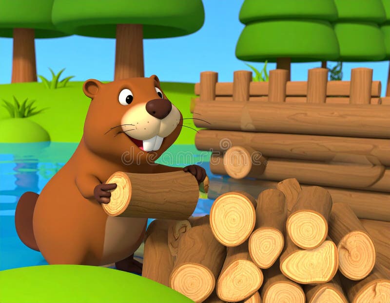 Beaver Building Dam in River Cartoon Stock Image - Image of animals ...