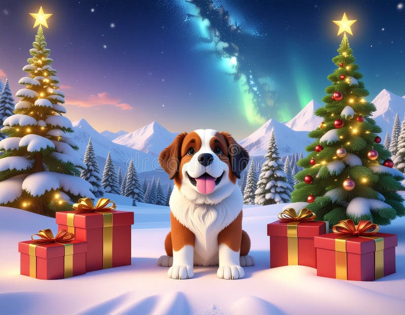 Christmas Saint Bernard Dog with Decoration Cartoon Stock Photo - Image ...