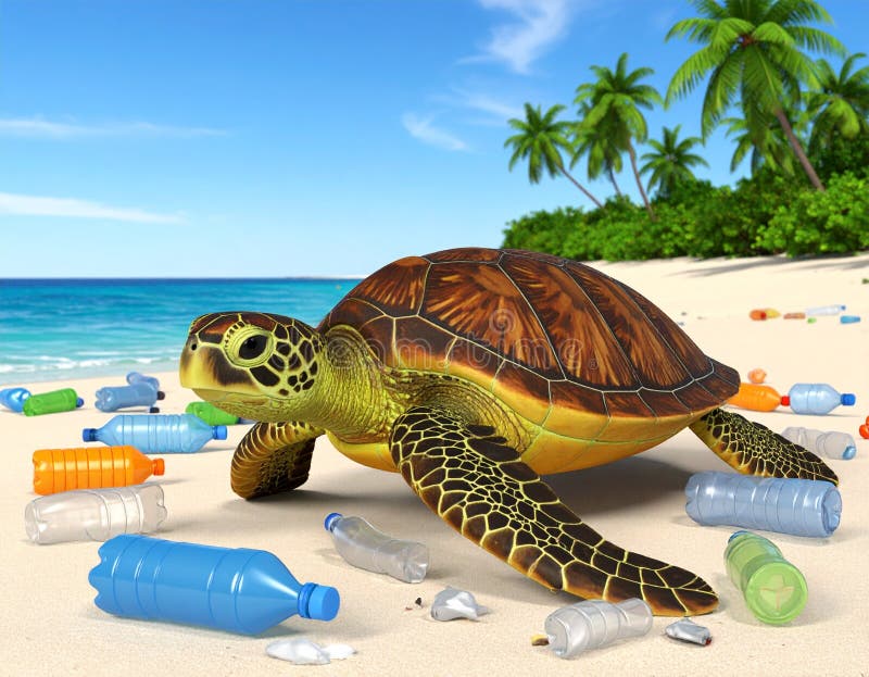 Seaturtle on Beach with Enviremental Pollution Cartoon Stock Image ...