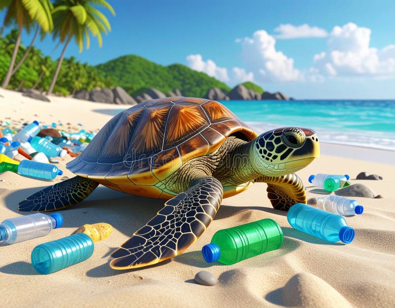 Seaturtle on Beach with Enviremental Pollution Cartoon Stock Photo ...