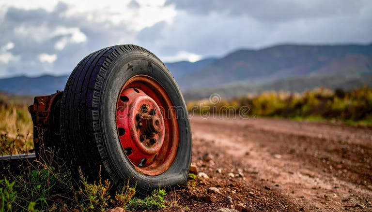 A Tire is Laying on the Side of a Dirt Road. the Tire is Red and Has a ...