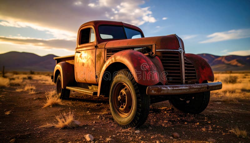 An Old Rusty Red Truck Parked in a Barren Desert, Evoking Loneliness ...