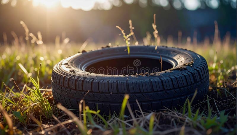 A Tire is Laying on the Ground in a Field. the Tire is Black and Has a ...
