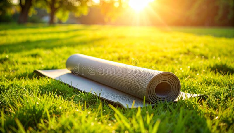 Yoga Mat Rolled Out on Green Grass Under the Morning Sun Stock ...