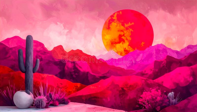 A Solar Space Landscape with Cactus Plant and a Red Planet Stock ...