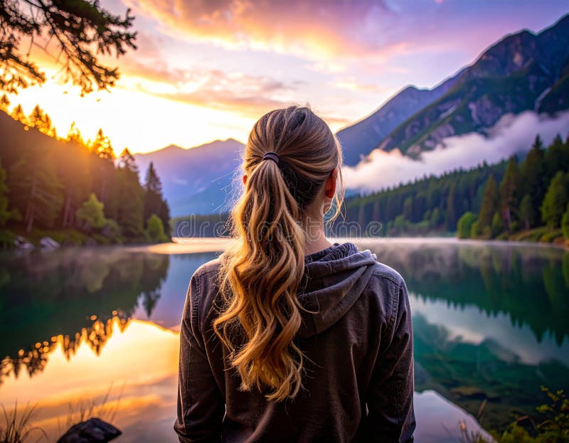 Woman Enjoying Peaceful Lakeview during a Vibrant Sunrise with ...