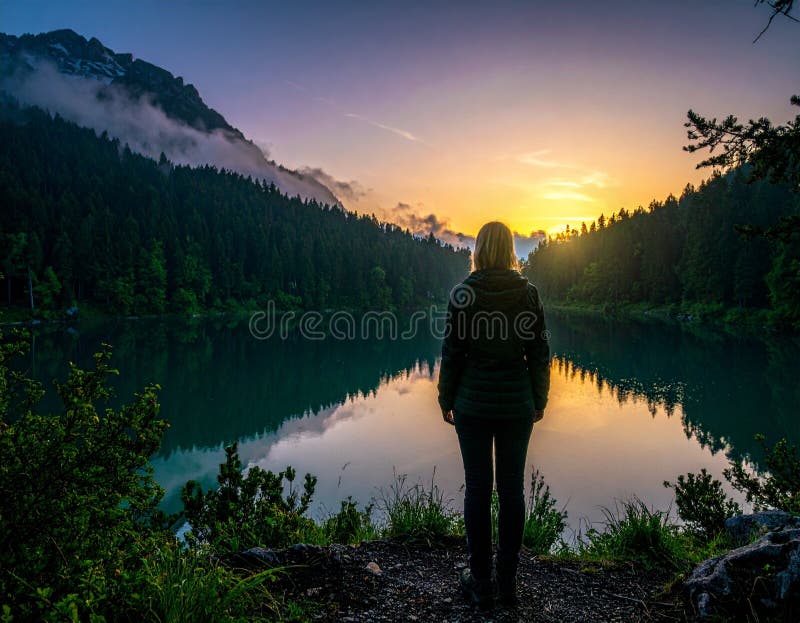 Woman Enjoying Peaceful Lakeview during a Vibrant Sunrise with ...