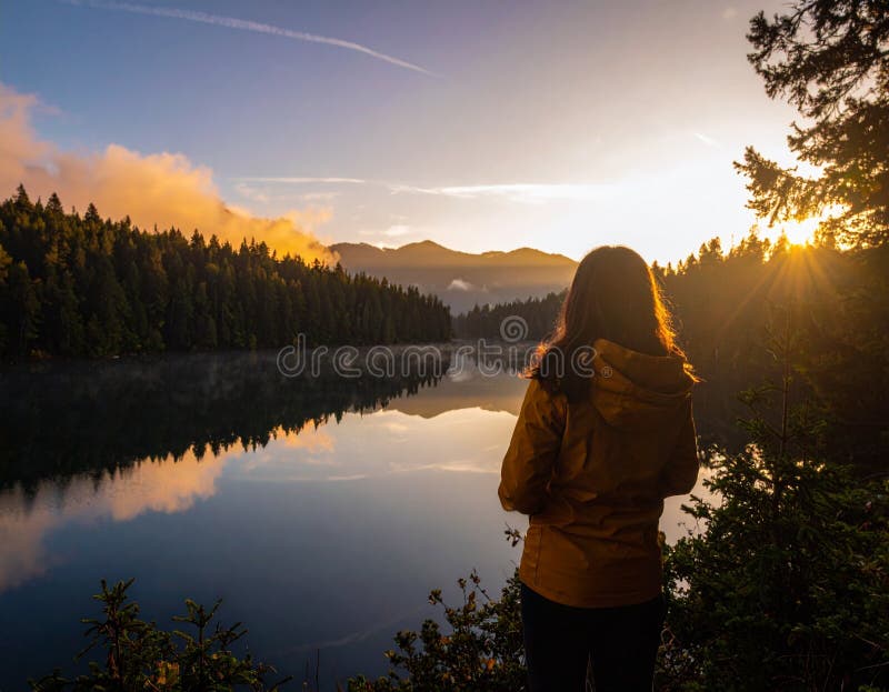 Woman Enjoying Peaceful Lakeview during a Vibrant Sunrise with ...