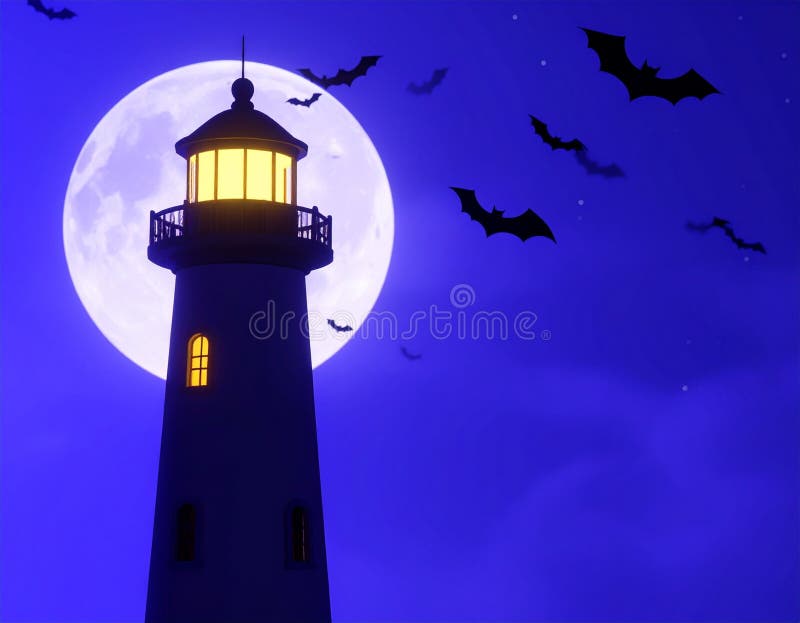 Halloween Lighthouse Castle with Bats and Full Moon Cartoon Stock Image ...