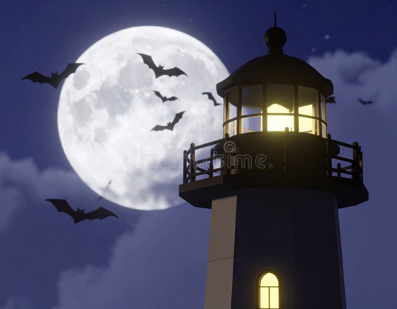 Halloween Lighthouse Castle with Bats and Full Moon Cartoon Stock Photo ...