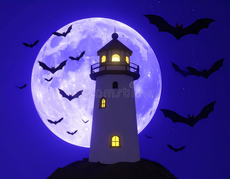Halloween Lighthouse Castle with Bats and Full Moon Cartoon Stock Photo ...