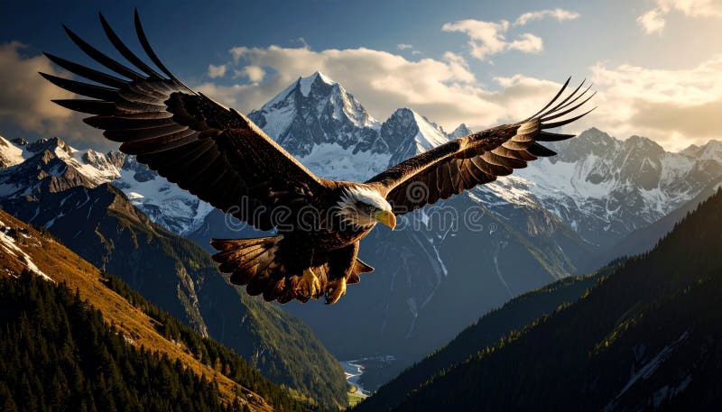 Majestic Bald Eagle Soaring Over Mountain Landscape in Golden Sunlight Stock Illustration ...