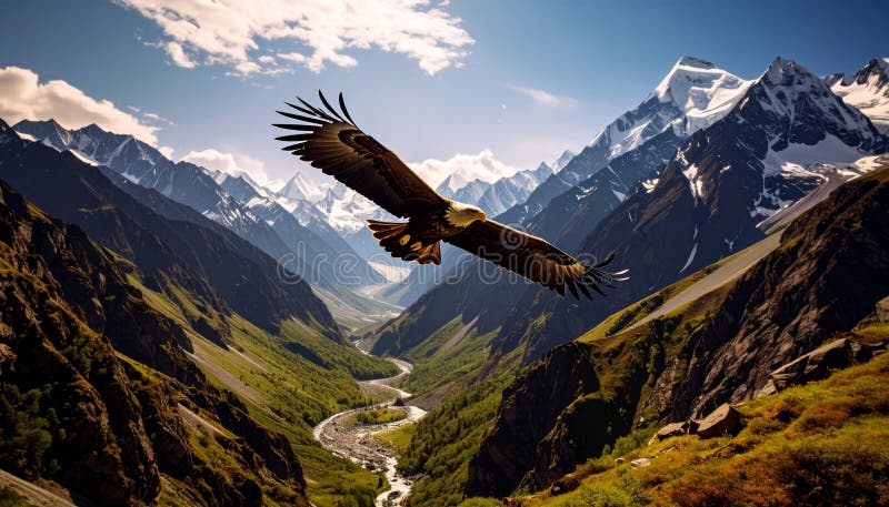 Majestic Bald Eagle Soaring Over Mountain Landscape in Golden Sunlight Stock Illustration ...