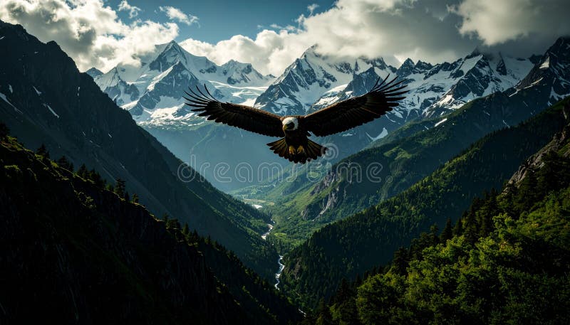 Majestic Bald Eagle Soaring Over Mountain Landscape in Golden Sunlight ...