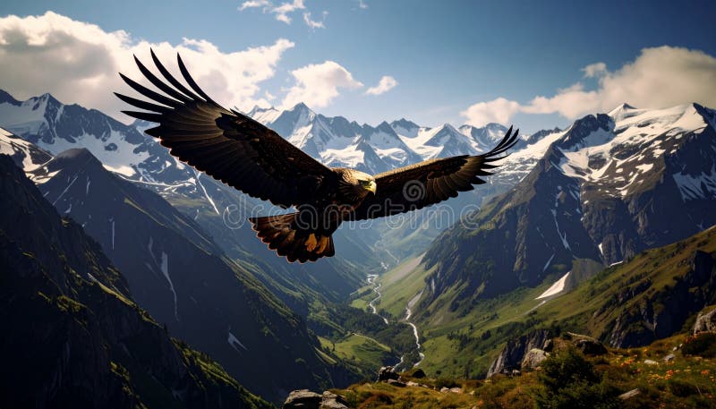 Majestic Bald Eagle Soaring Over Mountain Landscape in Golden Sunlight Stock Illustration ...