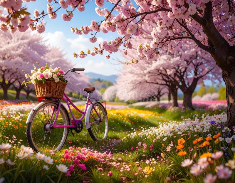 Spring Bike Picnic Nature Spring Mood Cherry Blossom Stock Illustration ...