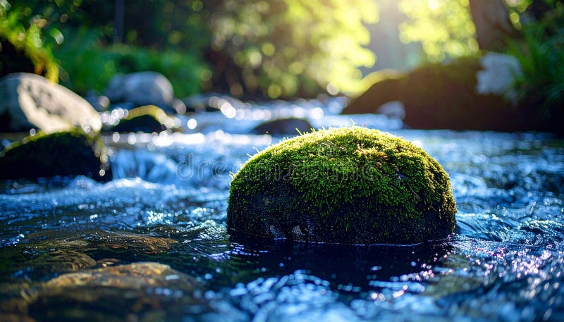 Close-up of Moss-covered Rock in Stream with Clear, Flowing Water Stock ...