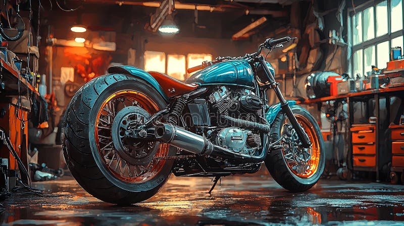 Custom Bobber Motorbike Displayed in a Garage Workshop Setting Stock ...