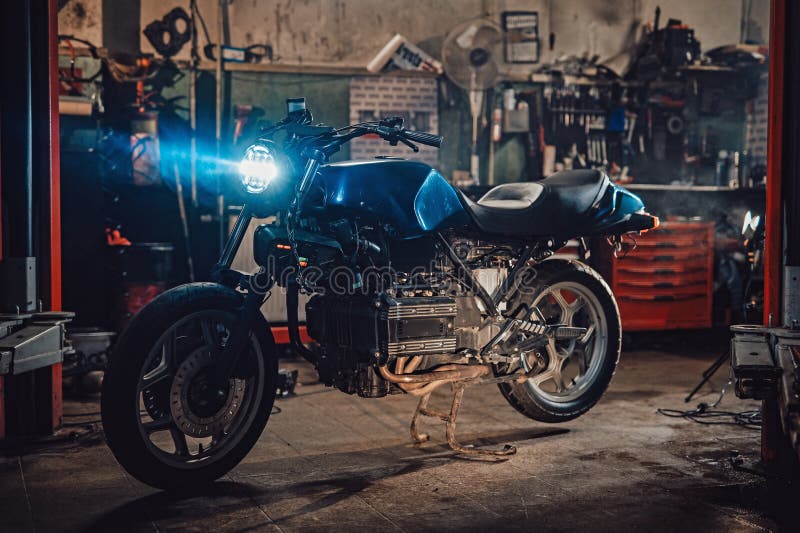 Custom Bobber Motorcycle in Workshop or Garage Stock Image - Image of ...