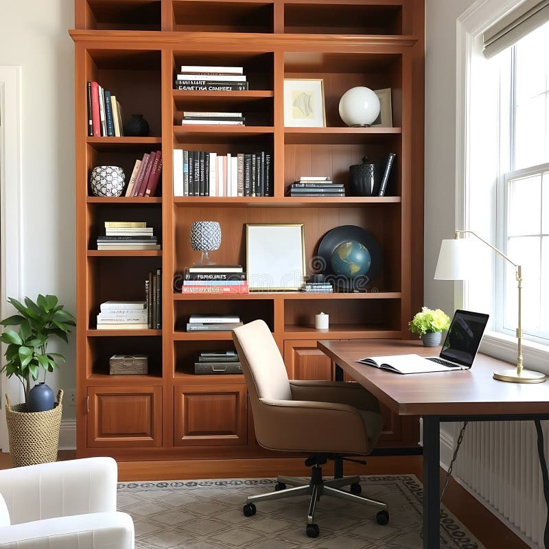 Custom Built Wooden Shelving Unit in a Home Office Featuring a Mix of ...