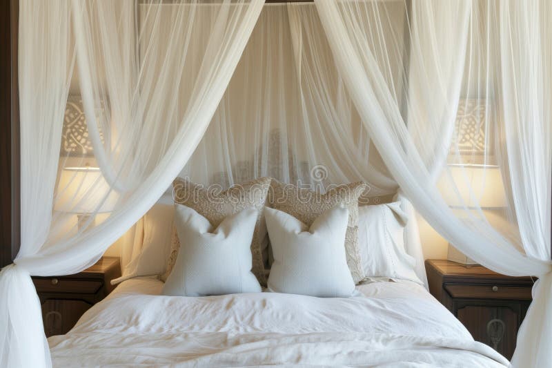 Custom Canopy Bed with Sheer Drapes and Fine Linens Stock Image - Image of canopy, decor: 307307821