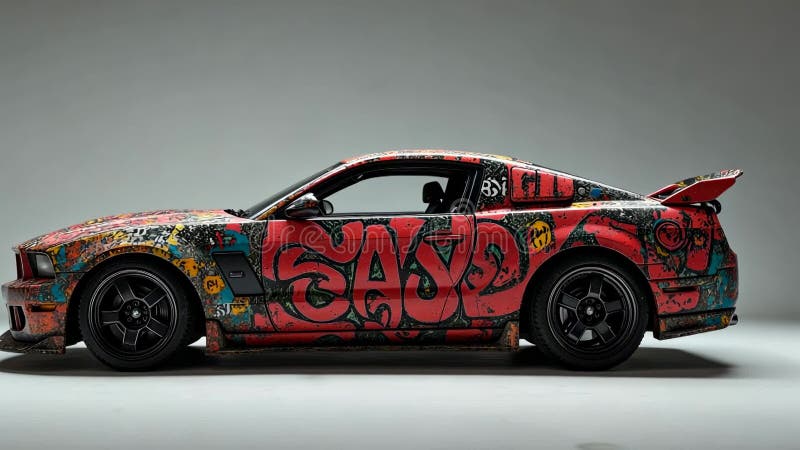 Unique Custom Car with Vibrant Graffiti Design Showcased in a Studio ...