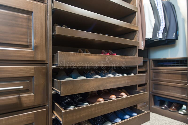 Custom Closet with Pullout Shoe Drawers Stock Photo - Image of ...