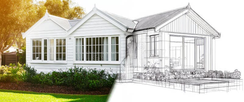 Custom Home Design Visualization Showing Finished Home and Blueprint ...